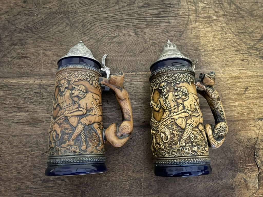Pair of Antique German Hunting Beer Steins Fox Handle - USGUNPORT ...